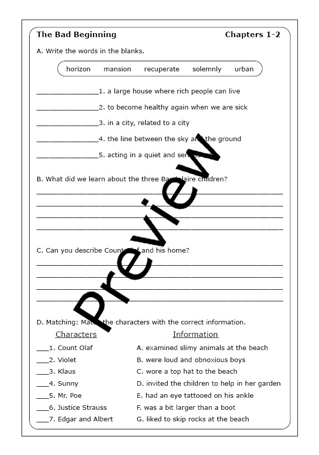 Lemony Snicket "The Bad Beginning" worksheets | Made By Teachers