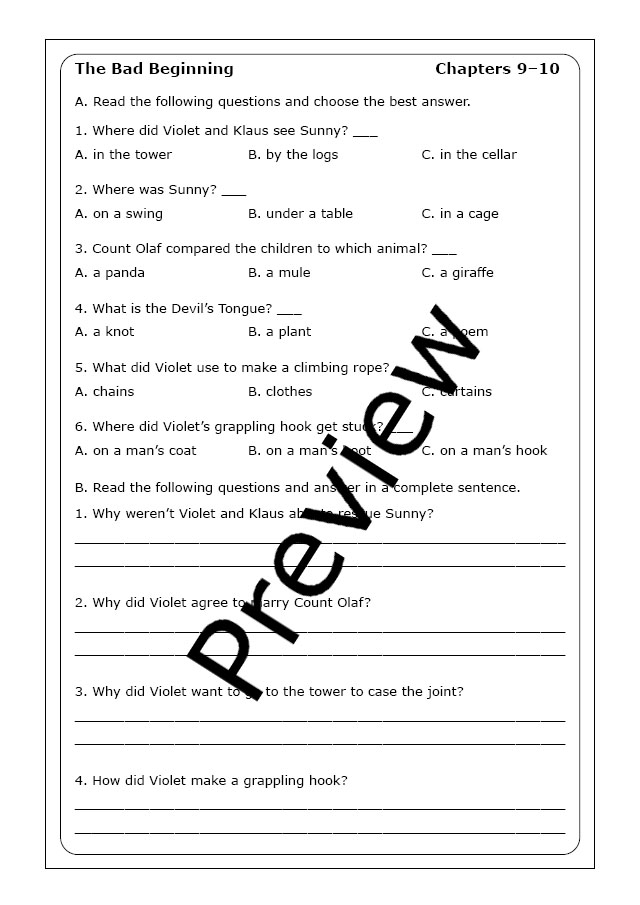Lemony Snicket "The Bad Beginning" worksheets | Made By Teachers