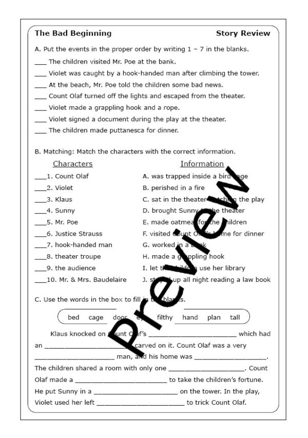 Lemony Snicket "The Bad Beginning" worksheets | Made By Teachers