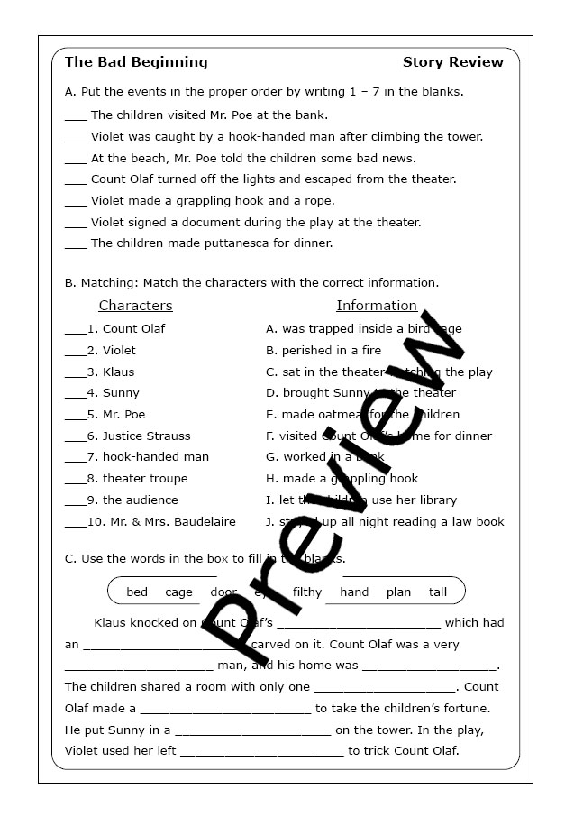 Lemony Snicket "The Bad Beginning" worksheets | Made By Teachers