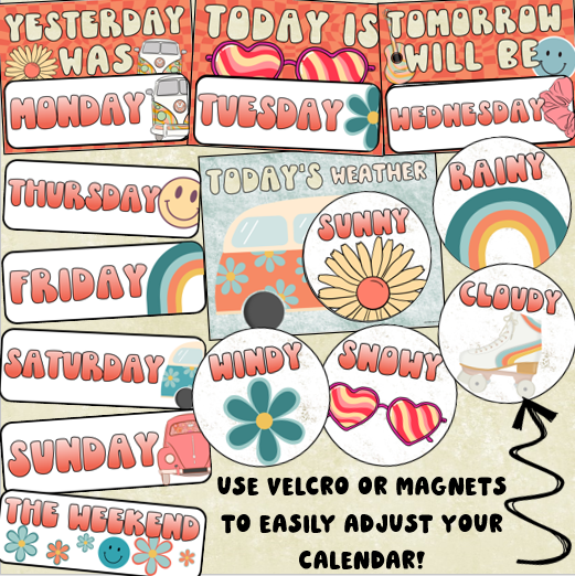 Calendar Set Classroom Decor Back to School Groovy Retro Vibes Theme ...