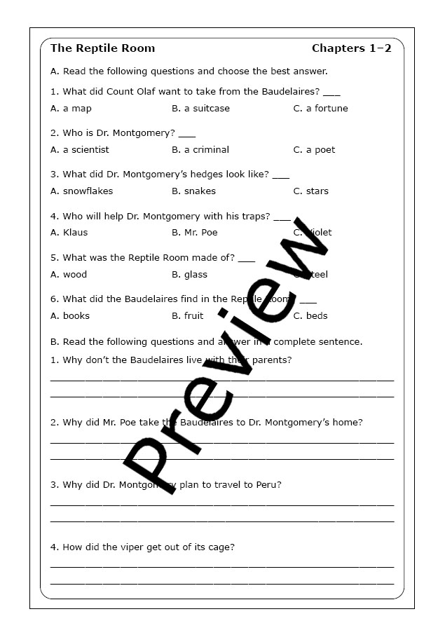 Lemony Snicket "The Reptile Room" worksheets | Made By Teachers