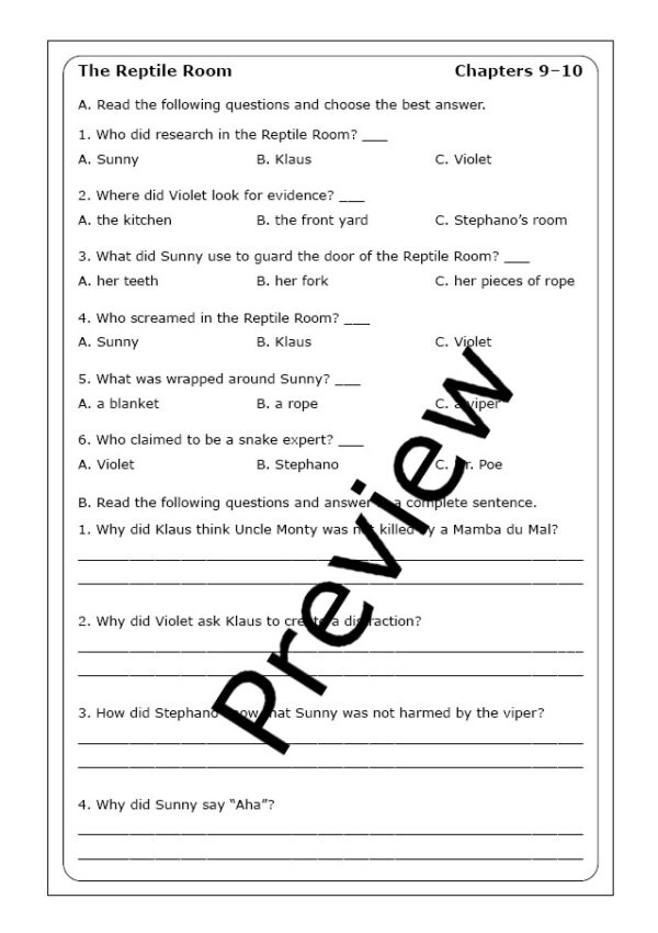 Lemony Snicket "The Reptile Room" worksheets | Made By Teachers