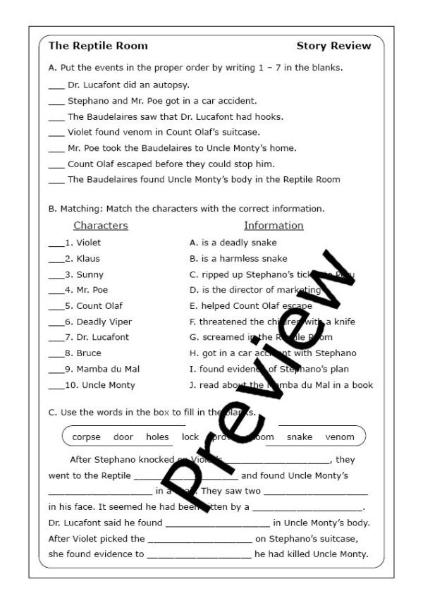 Lemony Snicket "The Reptile Room" worksheets | Made By Teachers