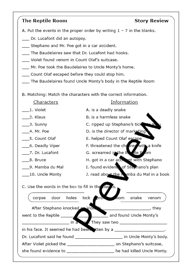 Lemony Snicket "The Reptile Room" worksheets | Made By Teachers