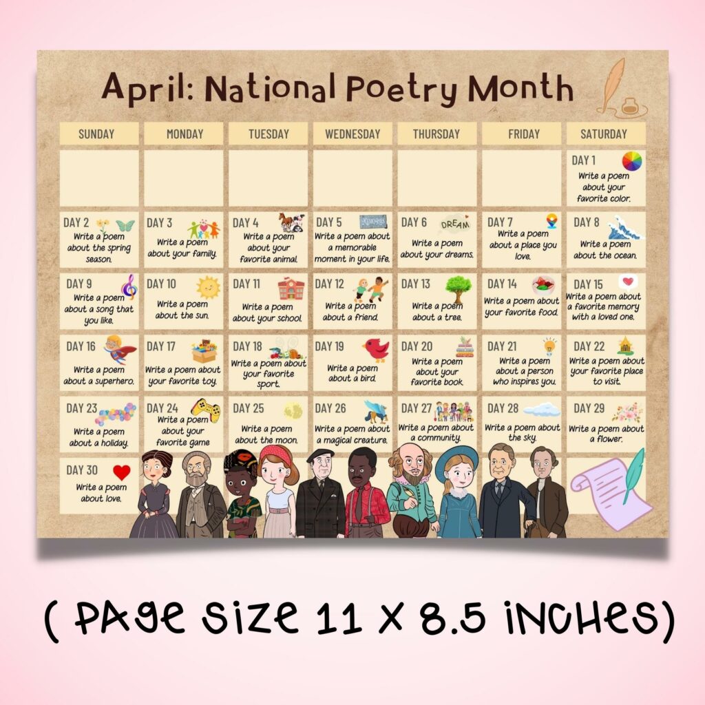 Poem A Day Challenge April Calendar | National Poetry Month Creative ...
