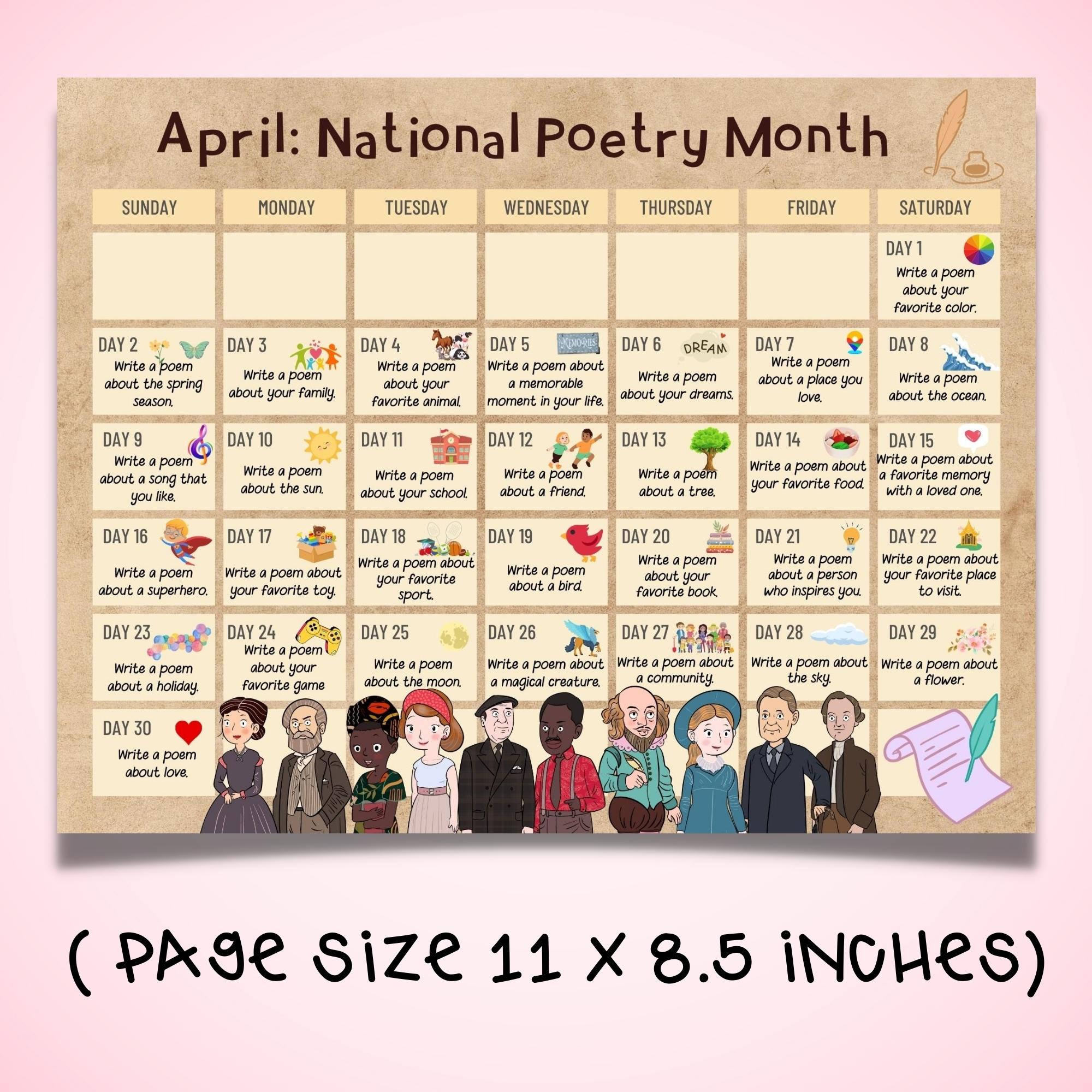 Poem A Day Challenge April Calendar | National Poetry Month Creative ...
