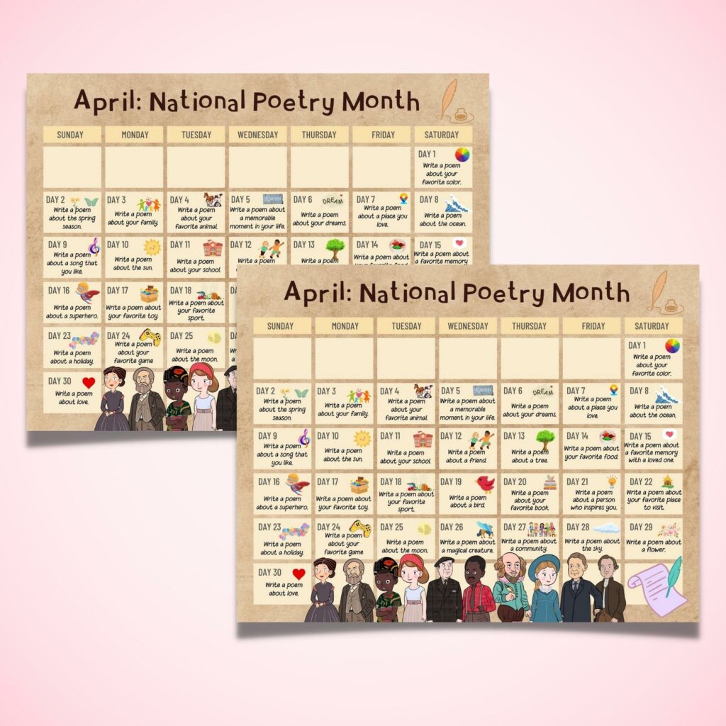 Poem A Day Challenge April Calendar | National Poetry Month Creative ...