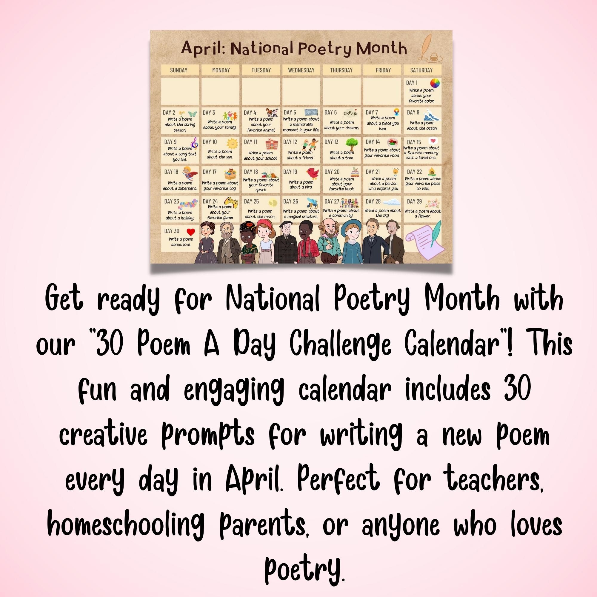Poem A Day Challenge April Calendar | National Poetry Month Creative ...