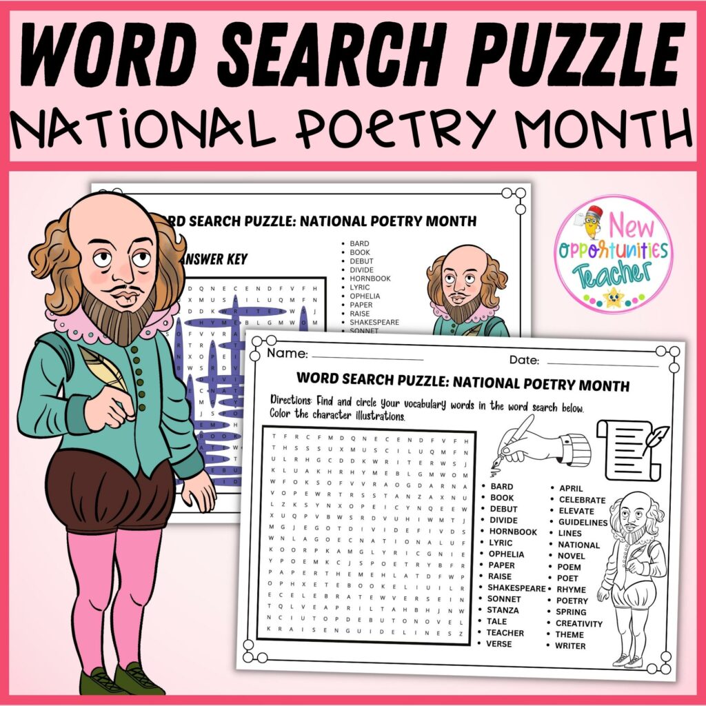 National Poetry Month Word Search Puzzle | 30 Words | April Activity ...