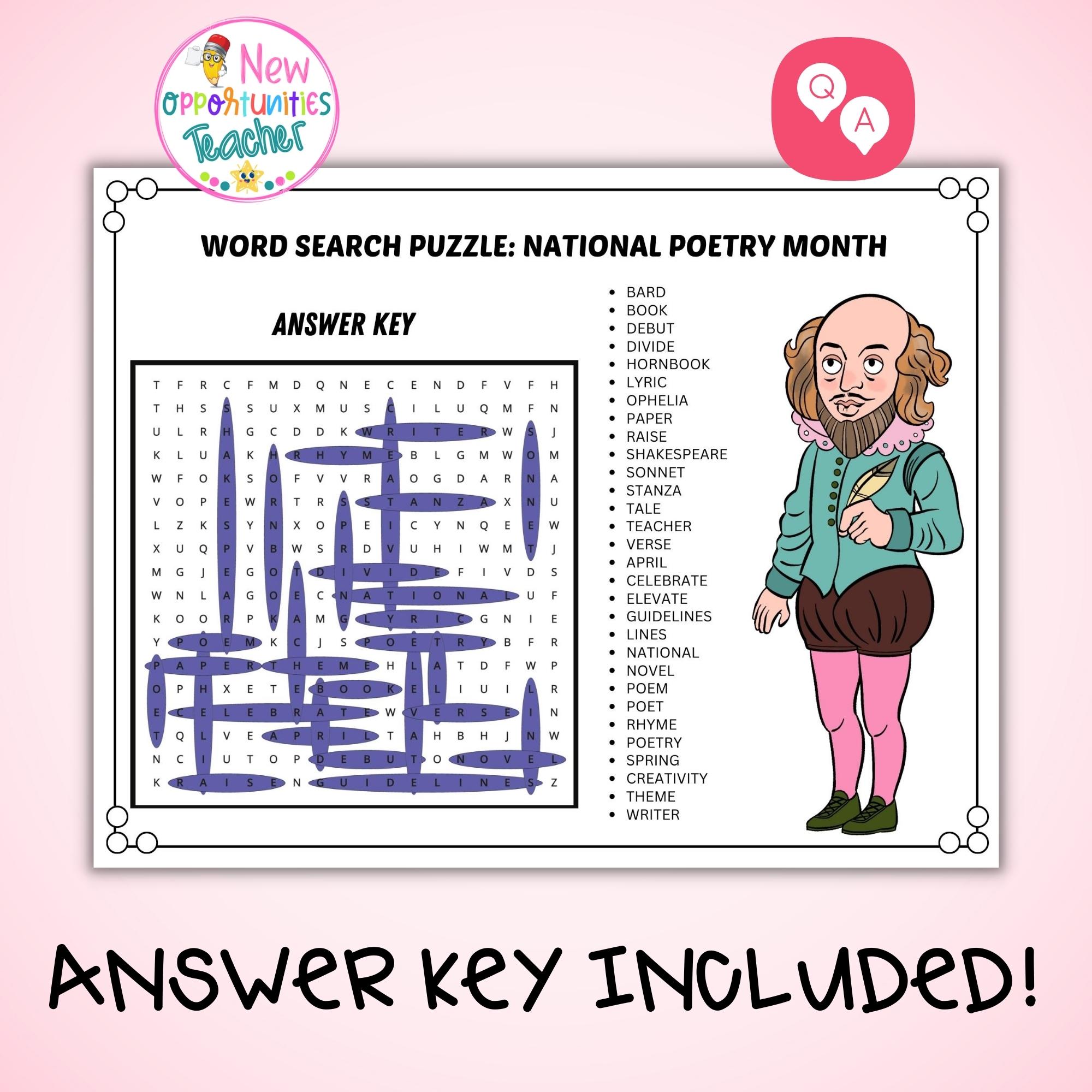 National Poetry Month Word Search Puzzle | 30 Words | April Activity ...