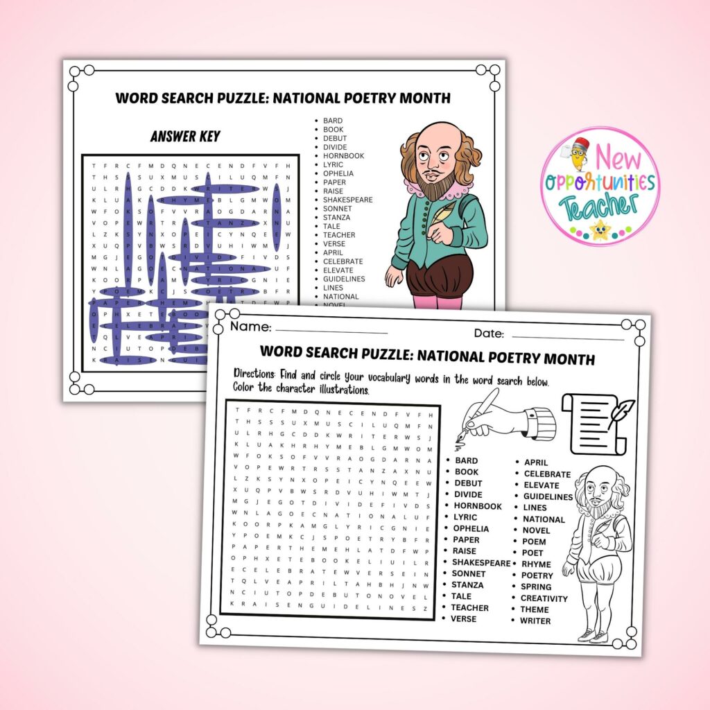 National Poetry Month Word Search Puzzle | 30 Words | April Activity ...