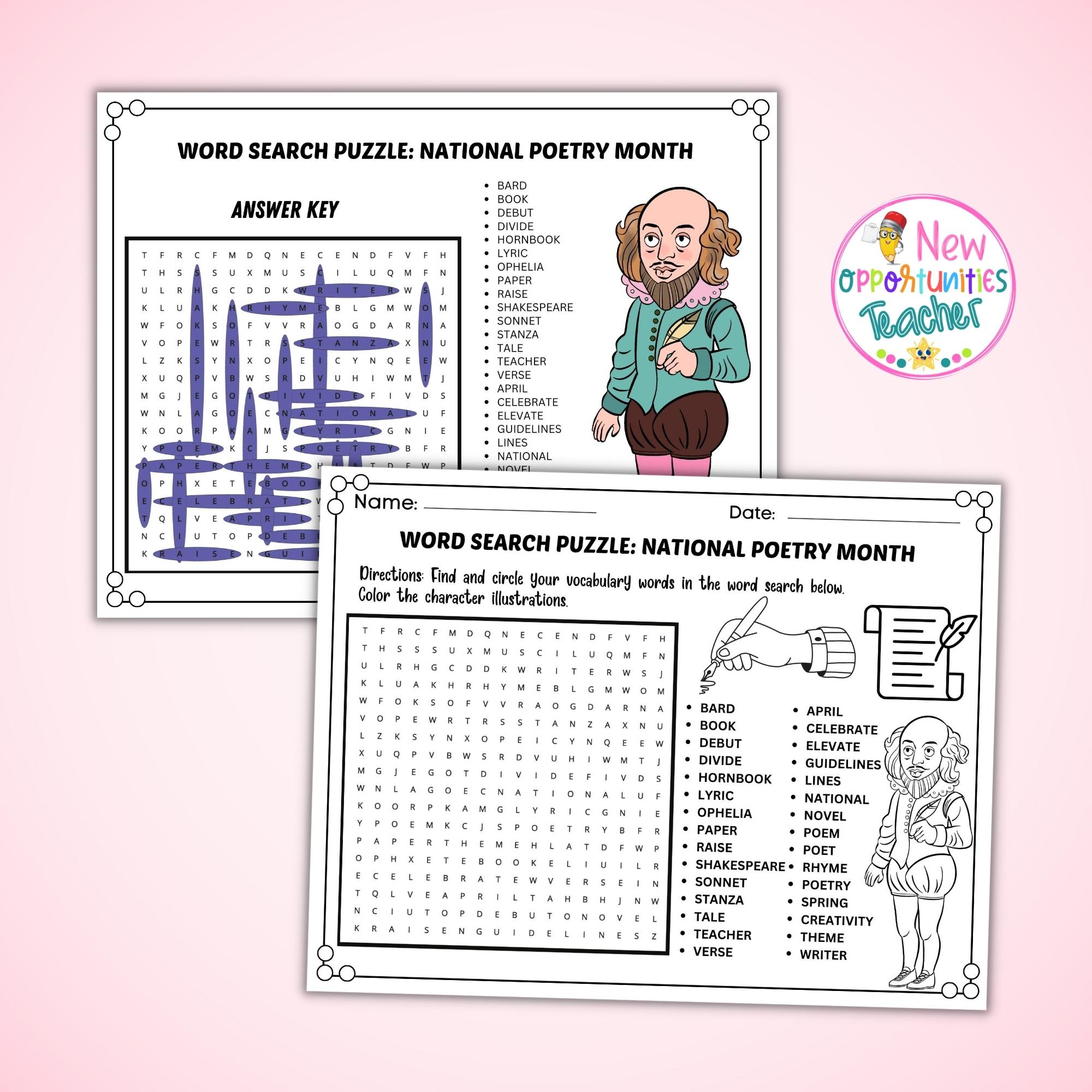 National Poetry Month Word Search Puzzle | 30 Words | April Activity ...