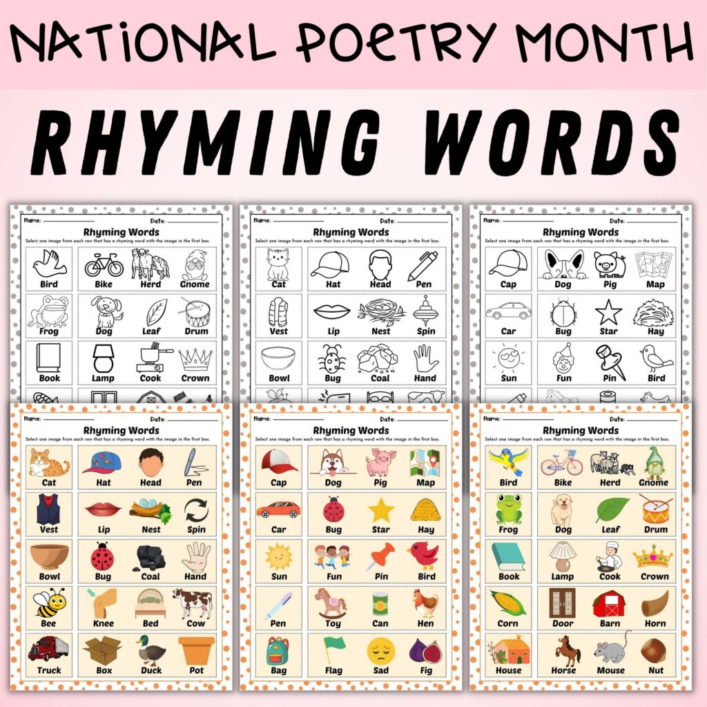 Rhyming Words Worksheets Kindergartners | National Poetry Month April ...