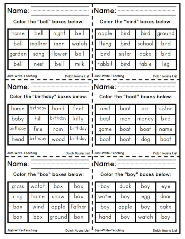 Dolch Nouns List Sight Word Task Cards | Made By Teachers