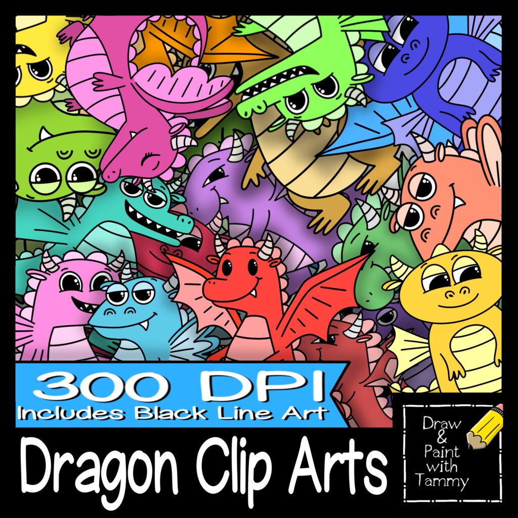 Dragon clip arts full color with black and white line art coloring ...