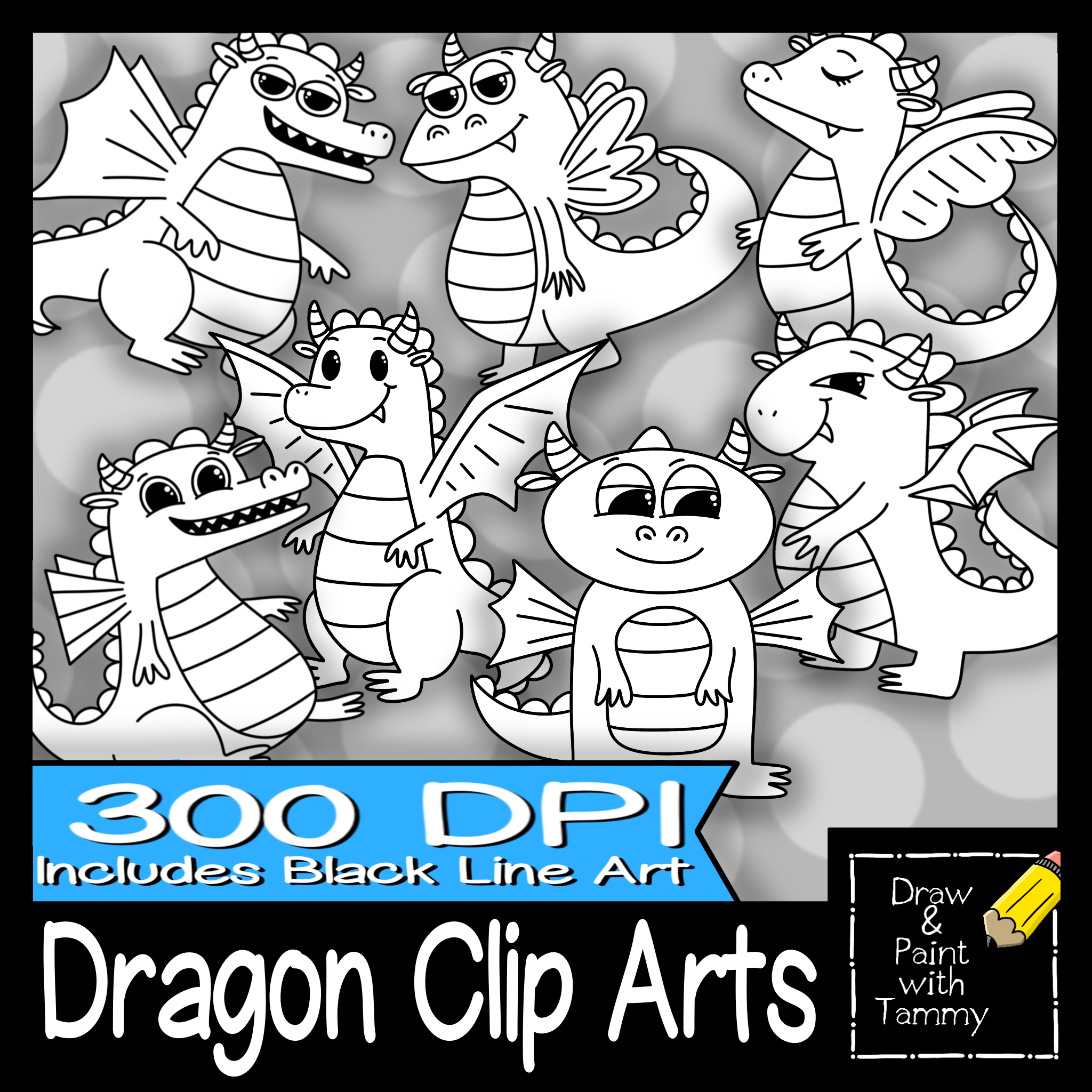Dragon clip arts full color with black and white line art coloring ...
