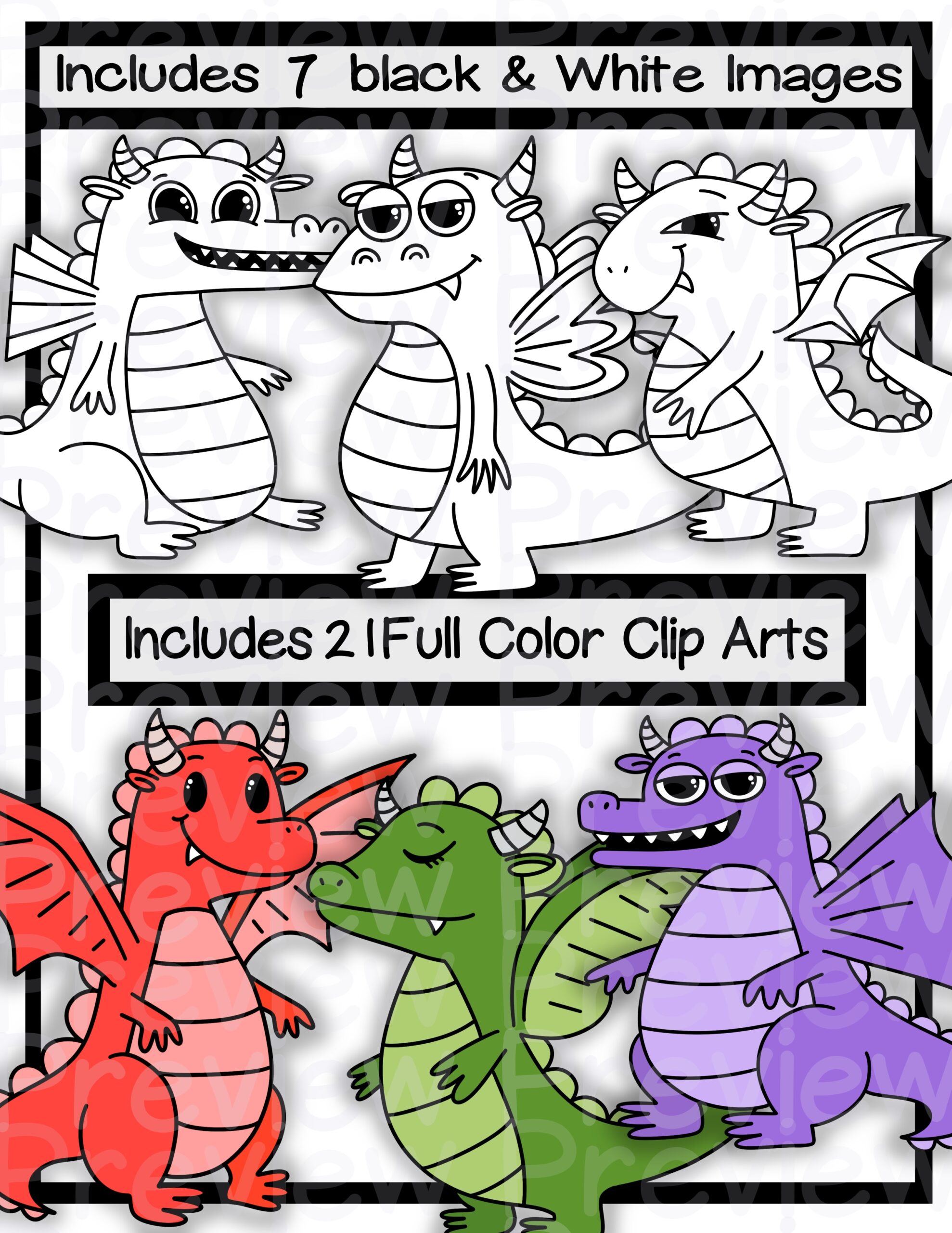 Dragon clip arts full color with black and white line art coloring ...