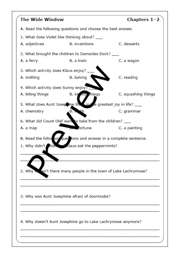 Lemony Snicket "The Wide Window" worksheets - Made By Teachers