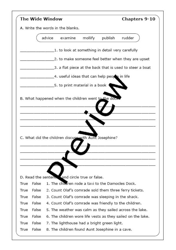 Lemony Snicket "The Wide Window" worksheets | Made By Teachers