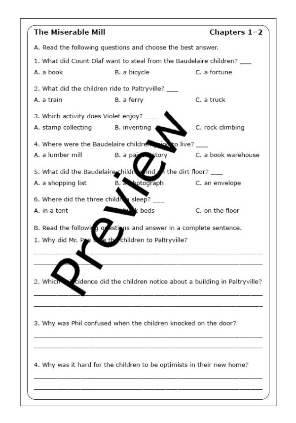 Lemony Snicket "The Miserable Mill" worksheets | Made By Teachers