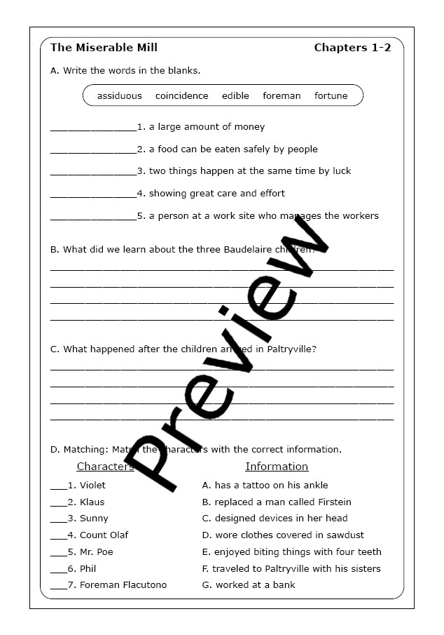 Lemony Snicket "The Miserable Mill" worksheets | Made By Teachers