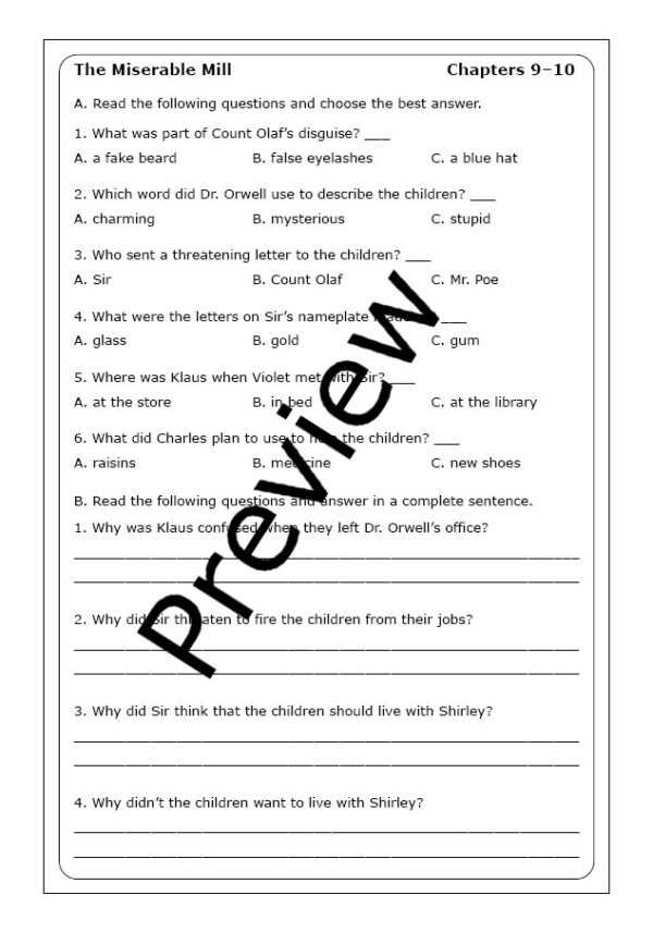 Lemony Snicket "The Miserable Mill" worksheets | Made By Teachers