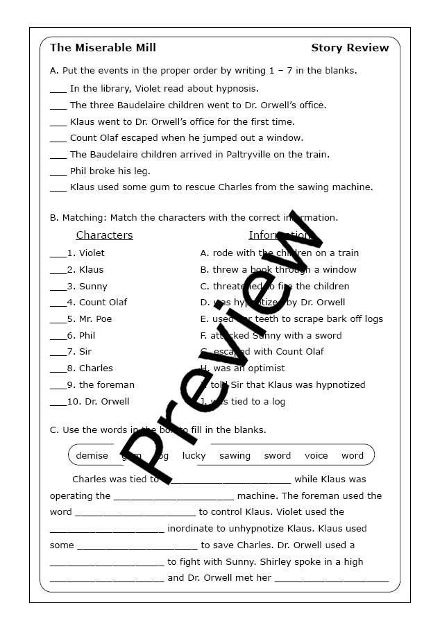 Lemony Snicket "The Miserable Mill" worksheets | Made By Teachers