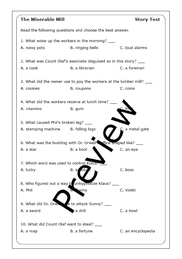 Lemony Snicket "The Miserable Mill" worksheets | Made By Teachers