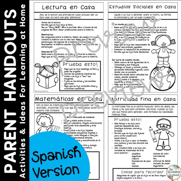 Parent Handouts for Preschool Home to School Connection (Spanish ...