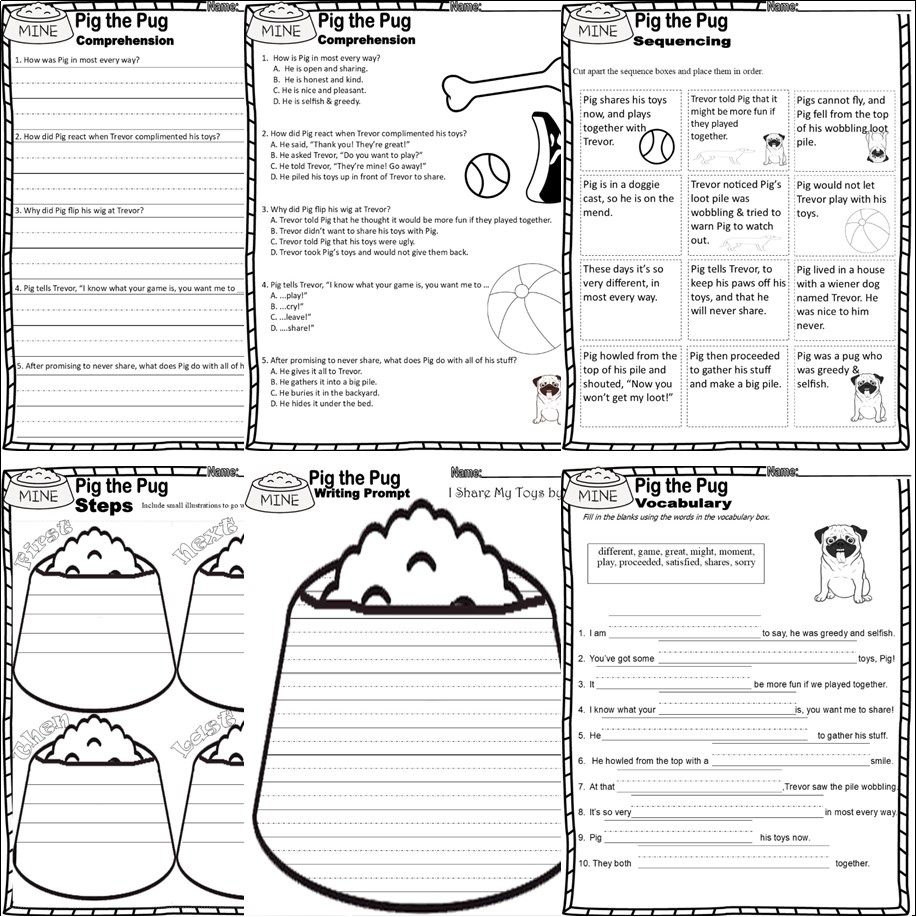 Pig the Pug Book Companion Reading Comprehension Worksheets | Made By ...