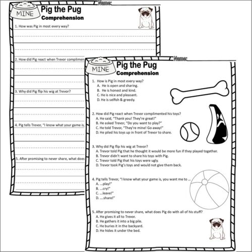 Pig the Pug Book Companion Reading Comprehension Worksheets | Made By ...