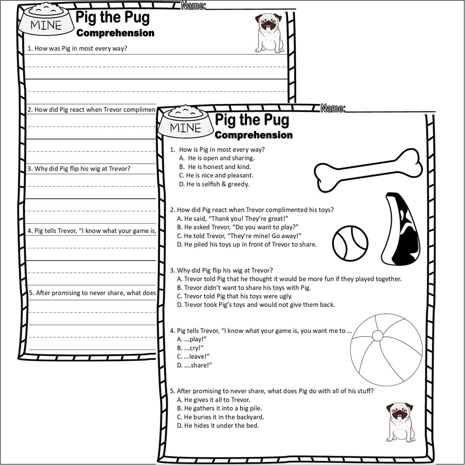 Pig the Pug Book Companion Reading Comprehension Worksheets | Made By ...