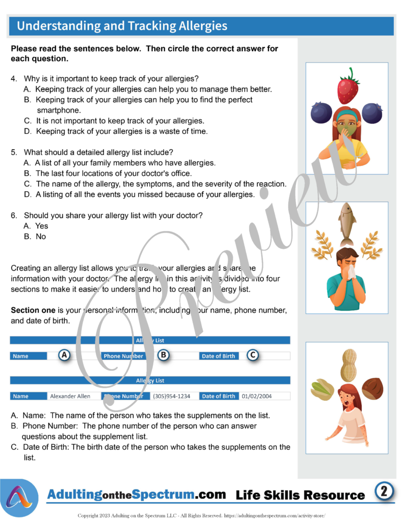 How to Create a Allergy Tracking List No-Prep SPED Independent Living ...