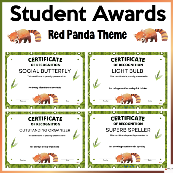 Editable Student Awards Certificates Red Panda Theme | Made By Teachers