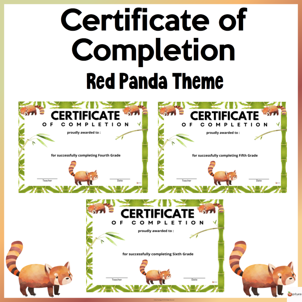 Editable Certificate of Completion and Promotion Red Panda Theme Bundle ...