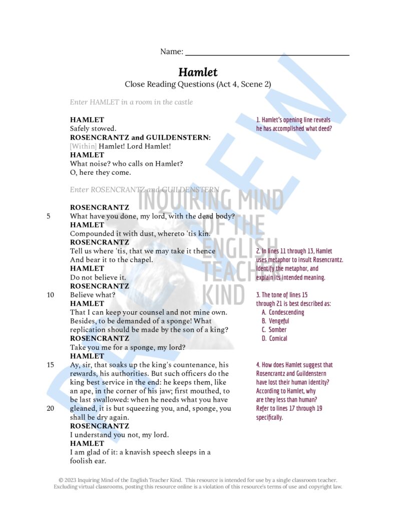 Hamlet Act 4 Scene 2 Close Reading Worksheet | Made By Teachers