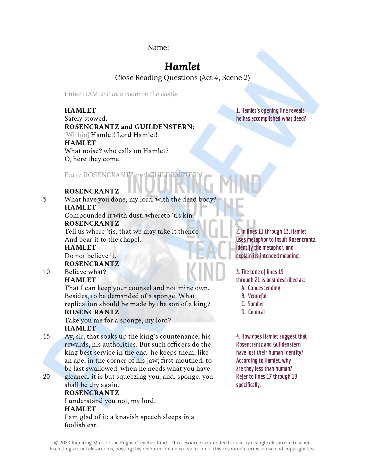 Hamlet Act 4 Scene 2 Close Reading Worksheet | Made By Teachers