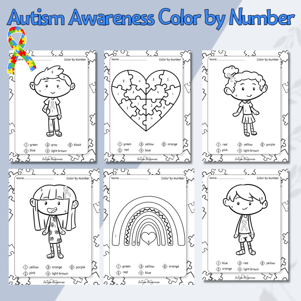 Autism awareness color by number, 6 coloring pages, Neurodiversity ...