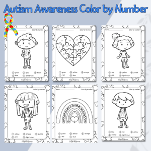 Autism awareness color by number, 6 coloring pages, Neurodiversity ...