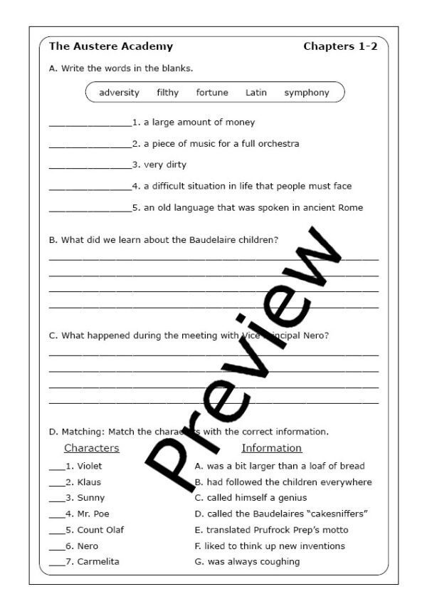 Lemony Snicket "The Austere Academy" worksheets | Made By Teachers