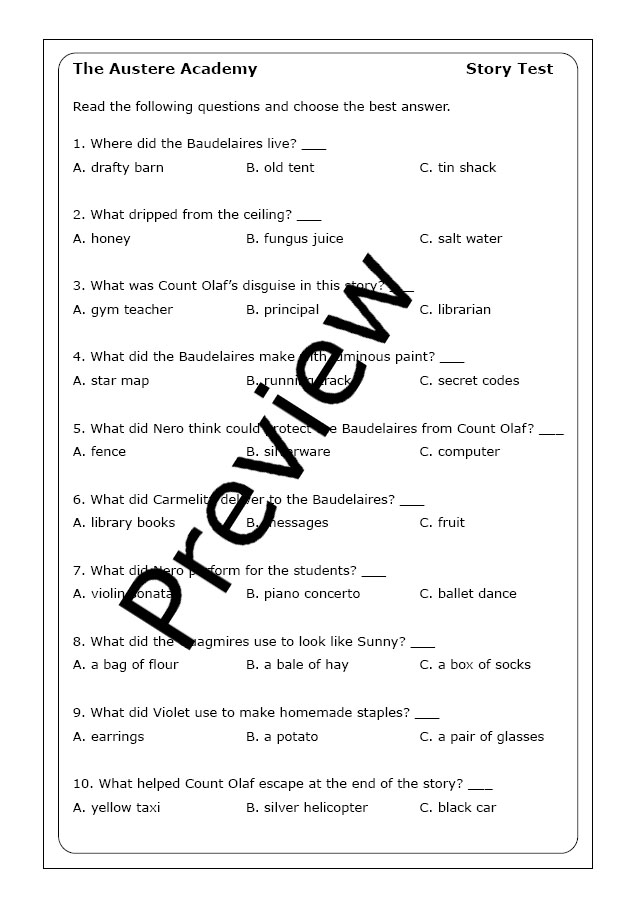 Lemony Snicket "The Austere Academy" worksheets | Made By Teachers