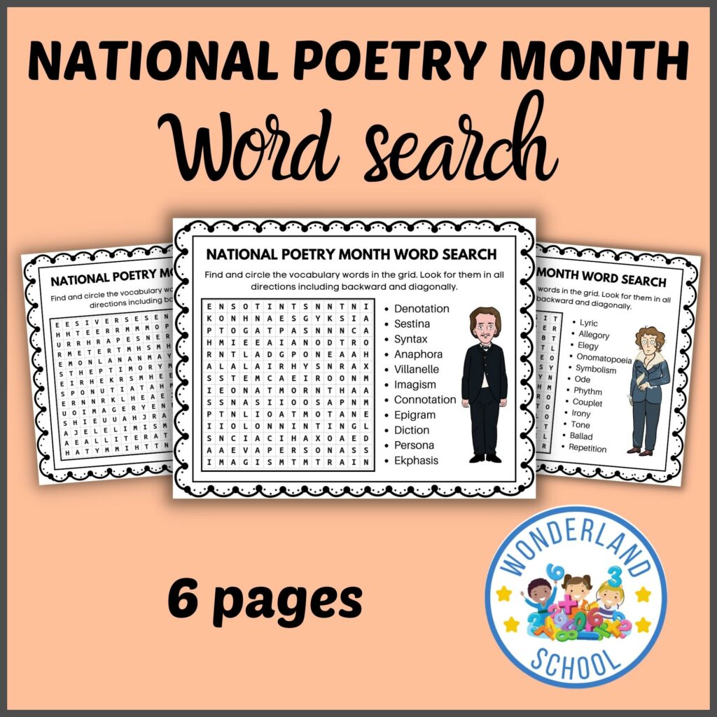 National Poetry Month Word Search Puzzle | Poetry month Vocabulary ...