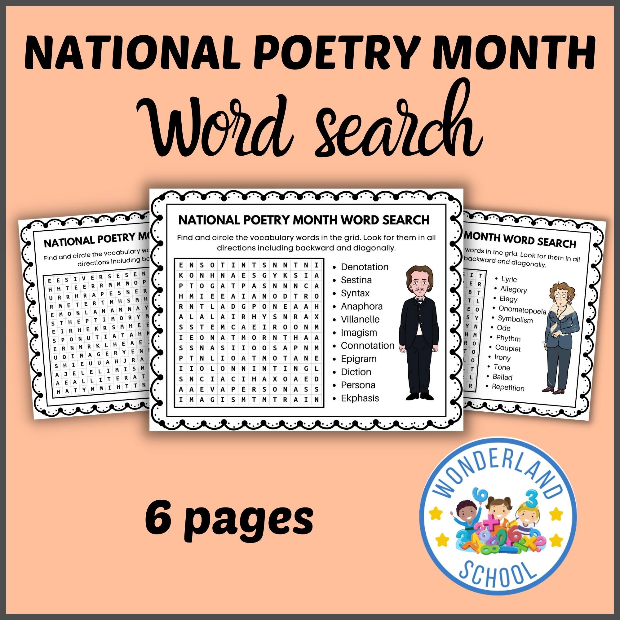 National Poetry Month Word Search Puzzle | Poetry month Vocabulary ...