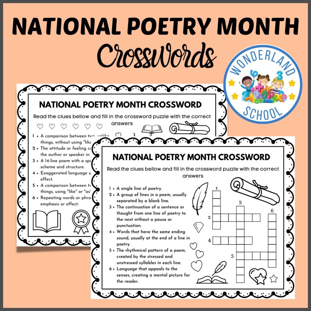 National Poetry Month Crosswords Puzzle Sheets | Poetry Month ...