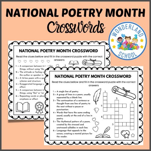 National Poetry Month Crosswords Puzzle Sheets | Poetry Month ...