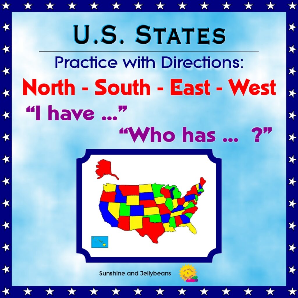 Map Skills Game - "I have... Who has?" - North, South, East, West - U.S ...