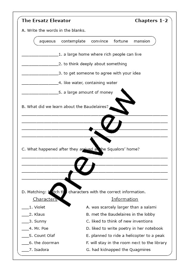 Lemony Snicket "The Ersatz Elevator" worksheets | Made By Teachers