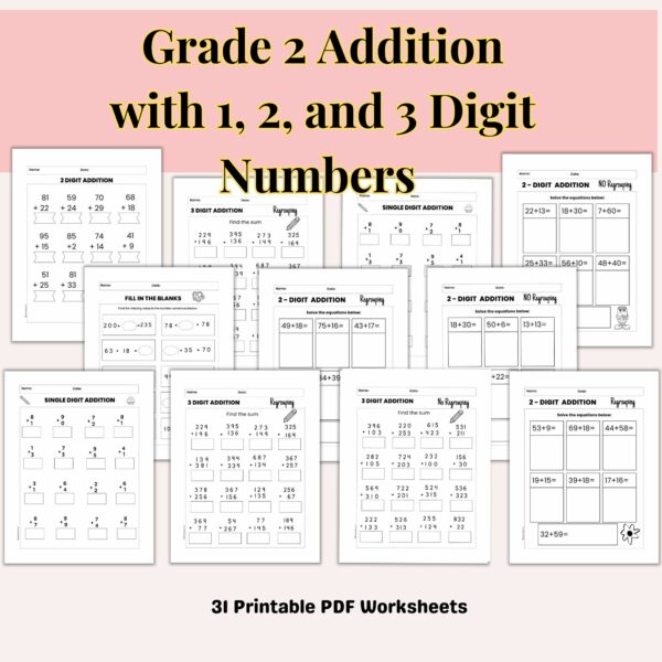 Addition Worksheets with Single, 2 Digit and 3 Digit Numbers, Answer ...