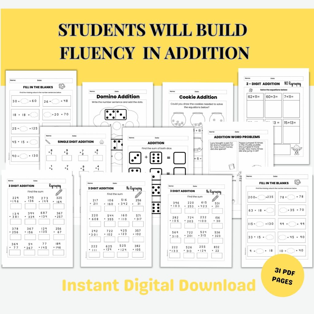 Addition Worksheets with Single, 2 Digit and 3 Digit Numbers, Answer ...